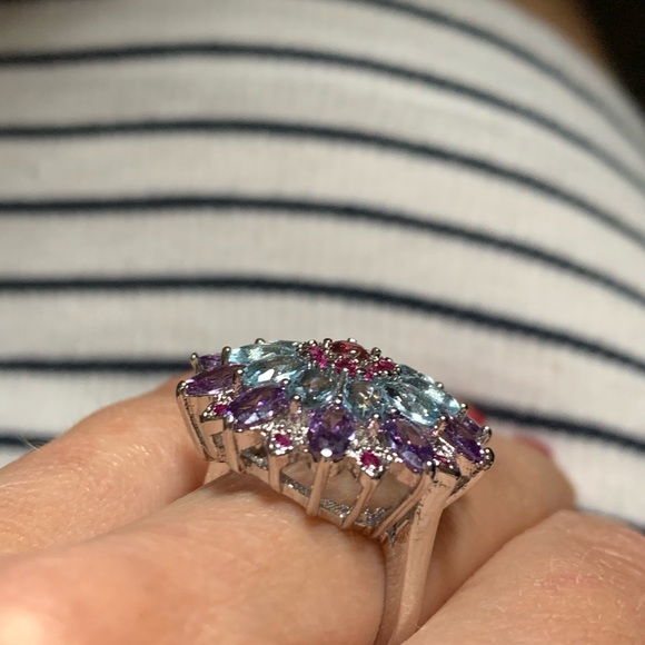Jewelry | Multicolor Gemstone Flower Ring Silver | Poshmark